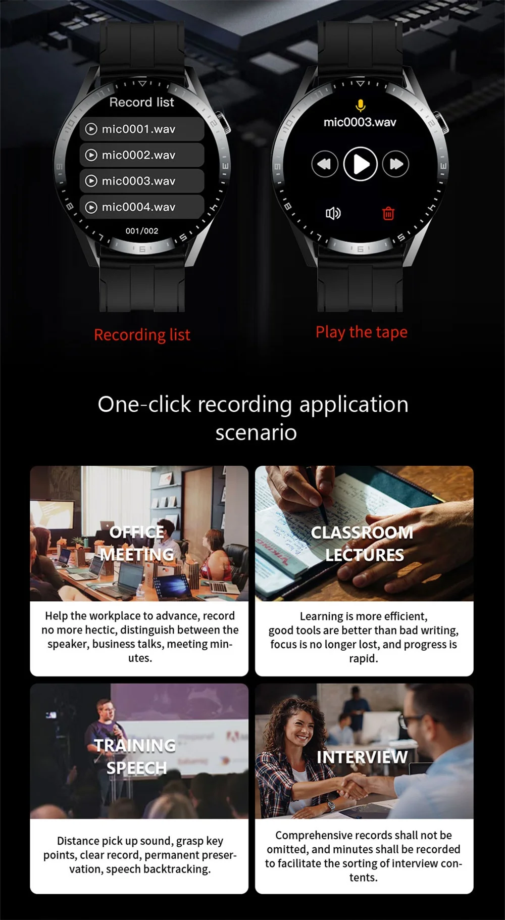 1020 Minute Small Voice Recorder Smart Watch Men 4GB Memory Local MP3 ...