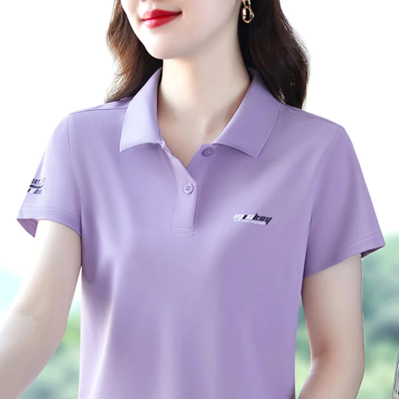 2024-Women-s-Short-Sleeve-Polos-Shirts-Solid-Color-Woman-Casual-Lapel ...
