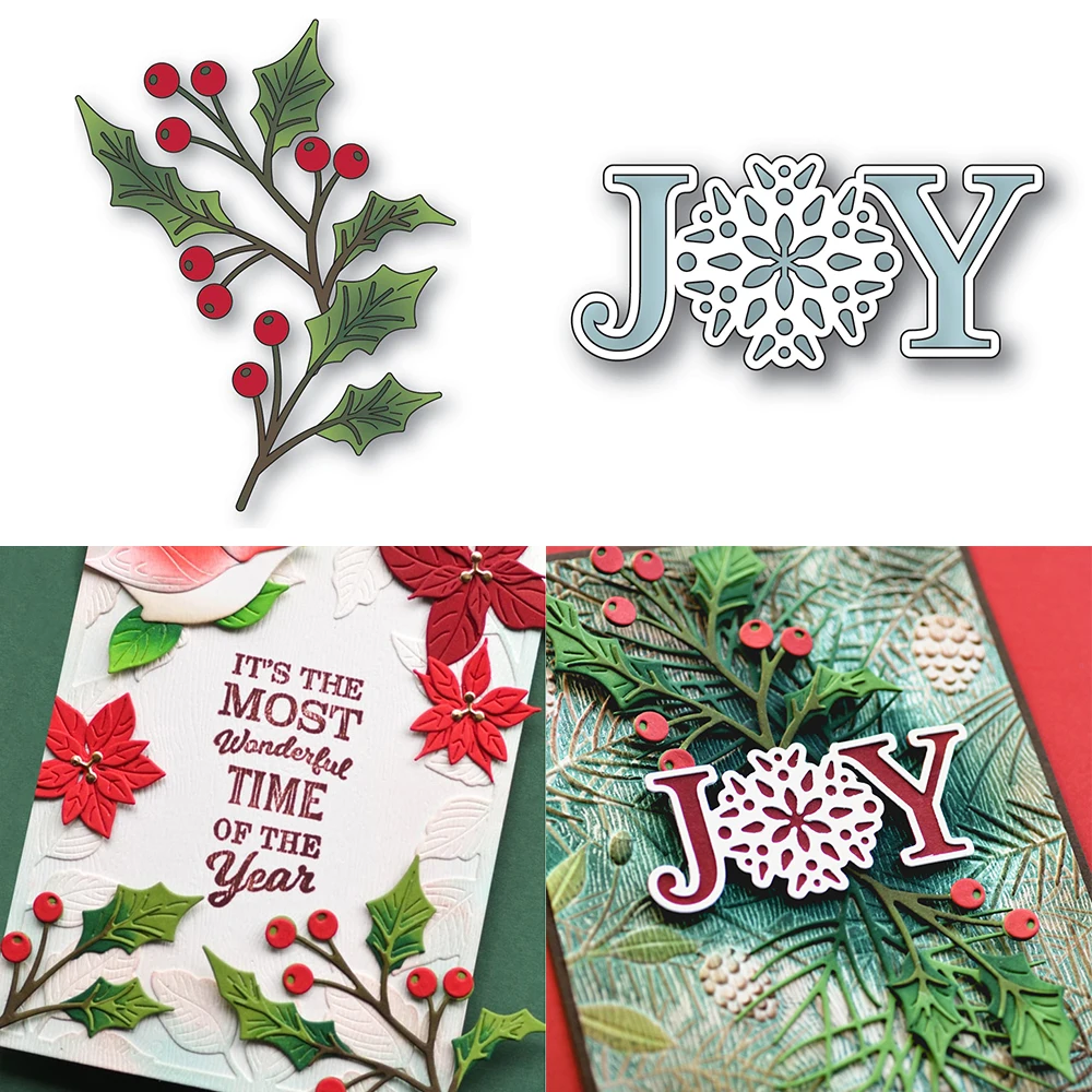 Holly Foliage Words JOY Layered Metal Cutting Dies Set for DIY ...