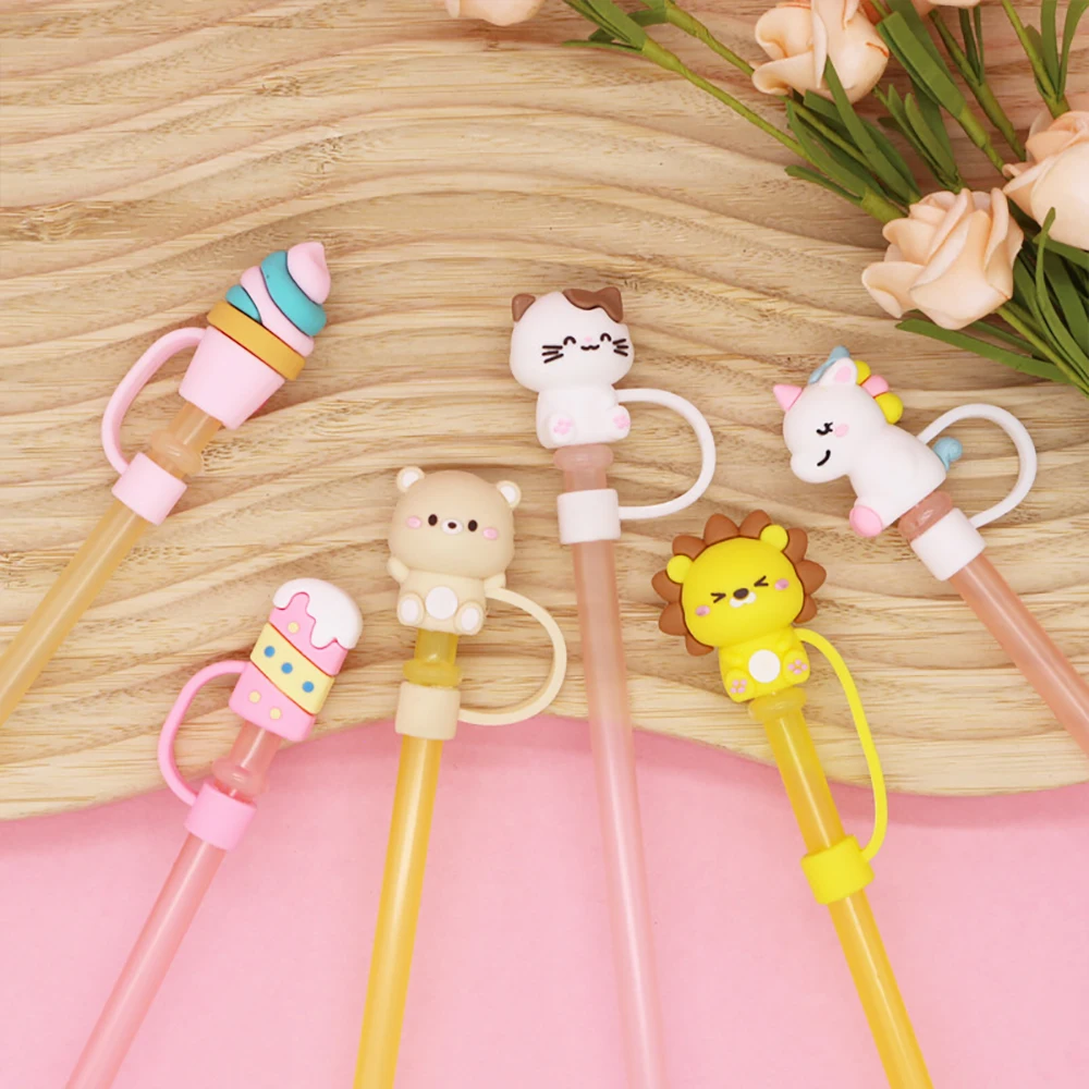 PVC-Cute-Unicorn-Straw-Cover-Cat-Lion-Straw-Topper-Ice-cream-Spill ...