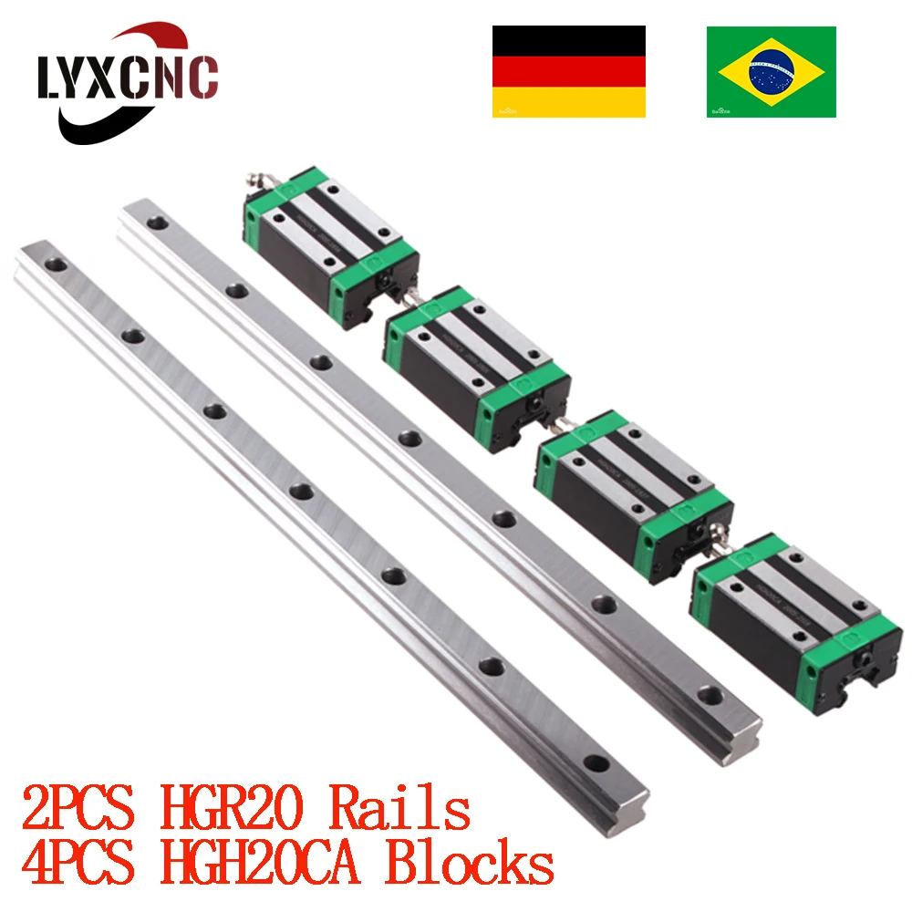 HGR20 Linear Guide 2pcs Rail + 4pcs HGH20CA Slider HG20 Steel Flang Slide Block Carriages 1000mm ...