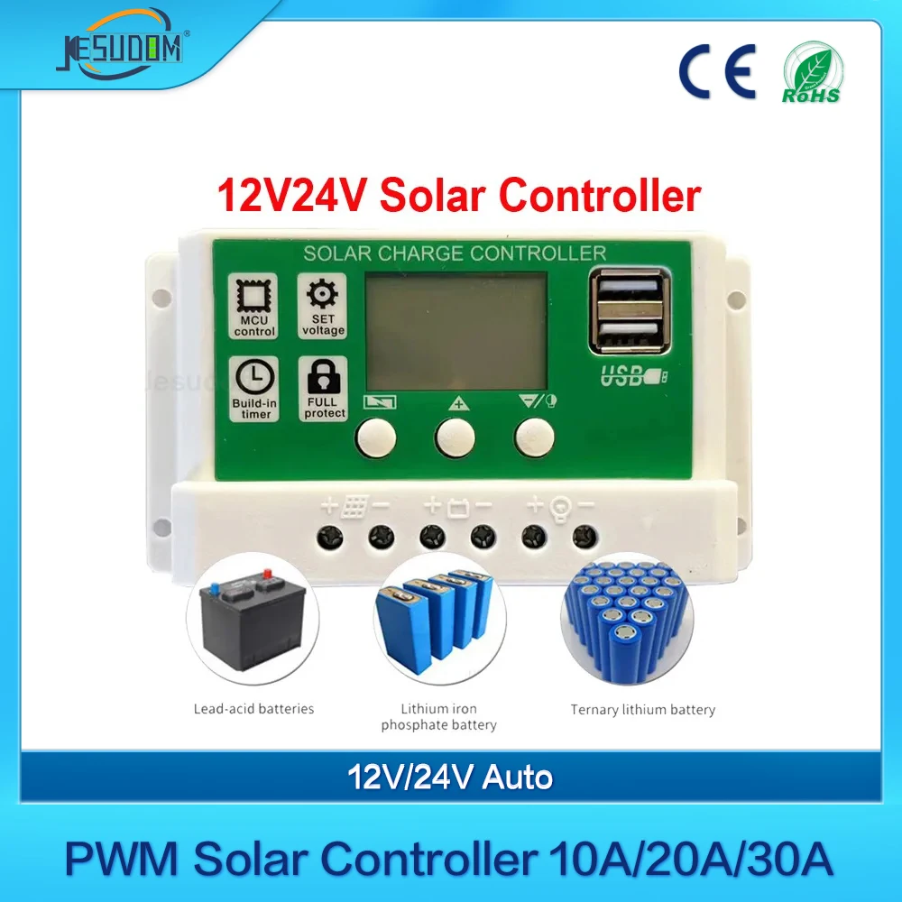 Solar Charge Controller 12V24V Auto. 30A20A10A Charger Current for PV Panels 100W 200W 300W 400W ...