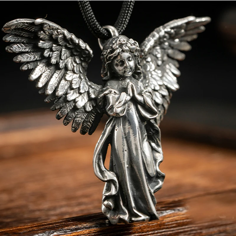 999-solid-Sterling-Silver-angel-Handmade-high-details-retro-pendant ...