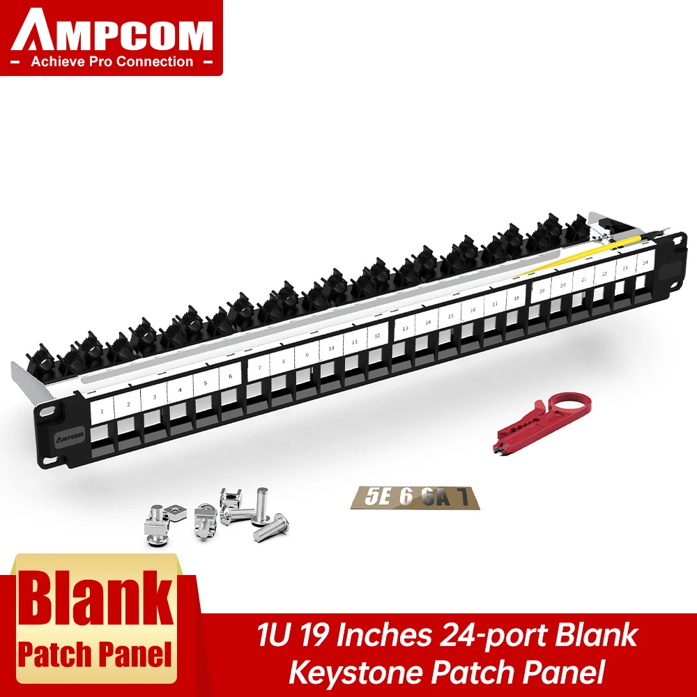 AMPCOM 24 Ports 1U Blank Keystone Patch Panel, 19 inch Rack or Wall ...