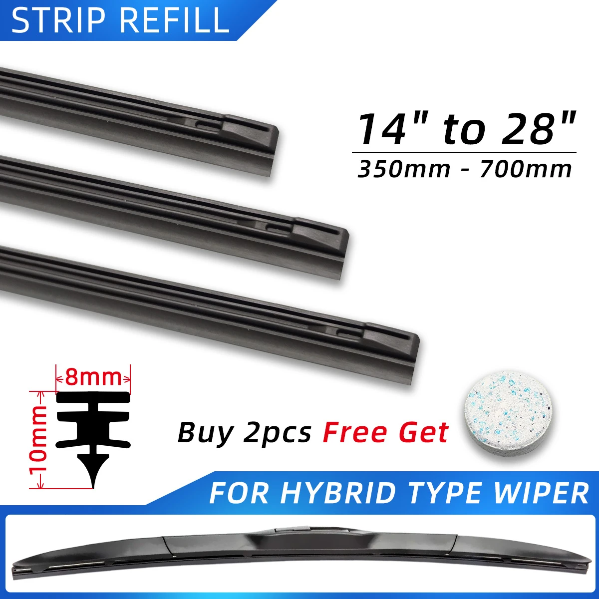 8mm Strips Insert Rubber Strip Blade 14" to 18" for Hybrid Type Wiper Natural Rubber Mute HD ...