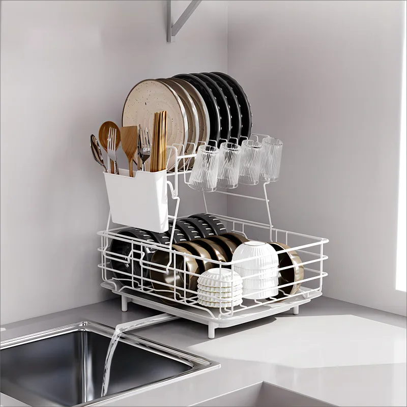 Double-Stainless-Steel-Bowl-and-Dish-Drain-Rack-Large-Capacity-Dishware ...