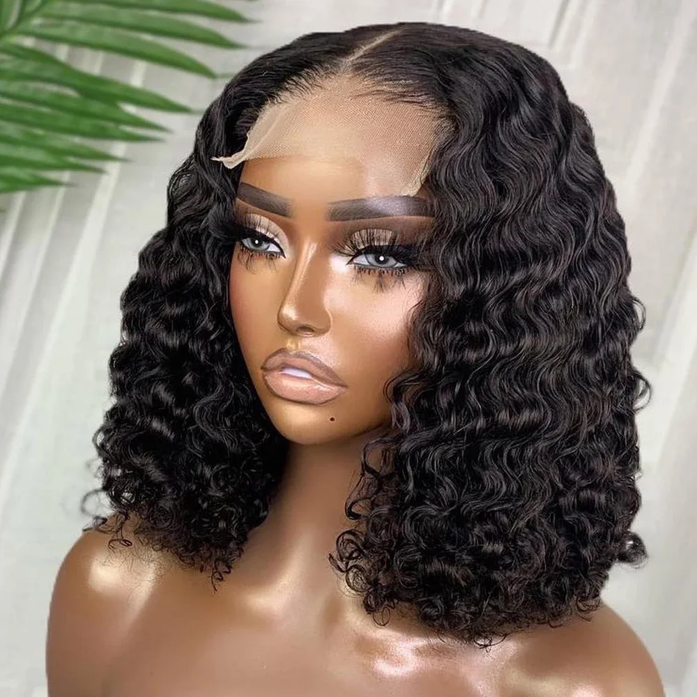 Deep Wave Frontal Wig Transparent 13x4 Lace Front Human Hair Wigs Brazilian Short Curly Bob Wigs ...