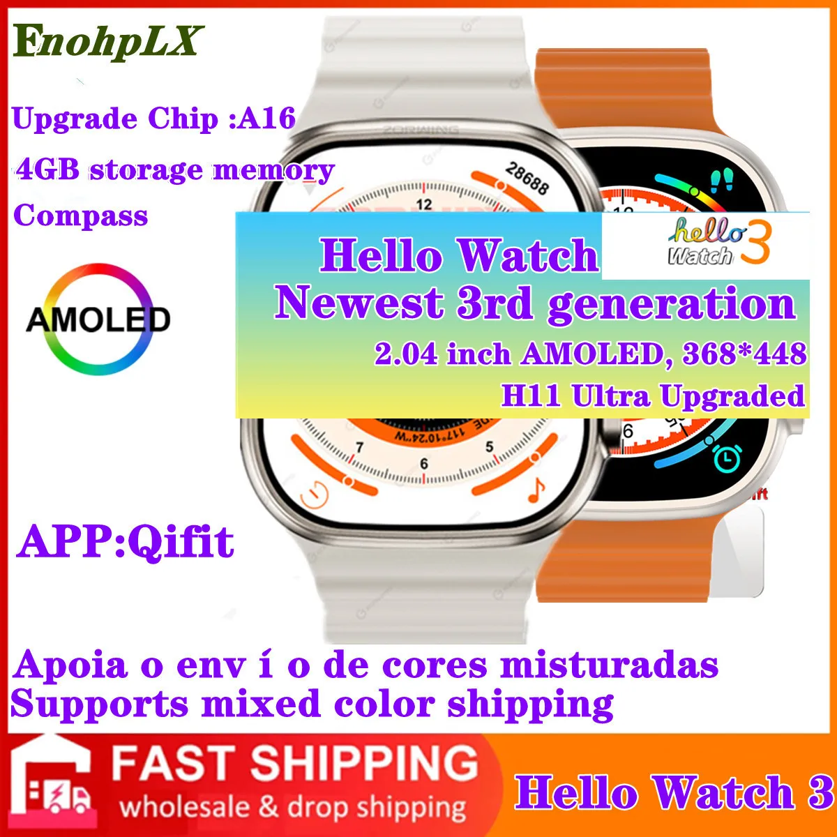 Hello Watch 3 AMOLED 스마트 워치 남성용, H11 울트라 업그레이드, 2.04 인치 티타늄 NFC 나침반 스마트워치, 4GB ROM, 안드로이드 IOS용 ...