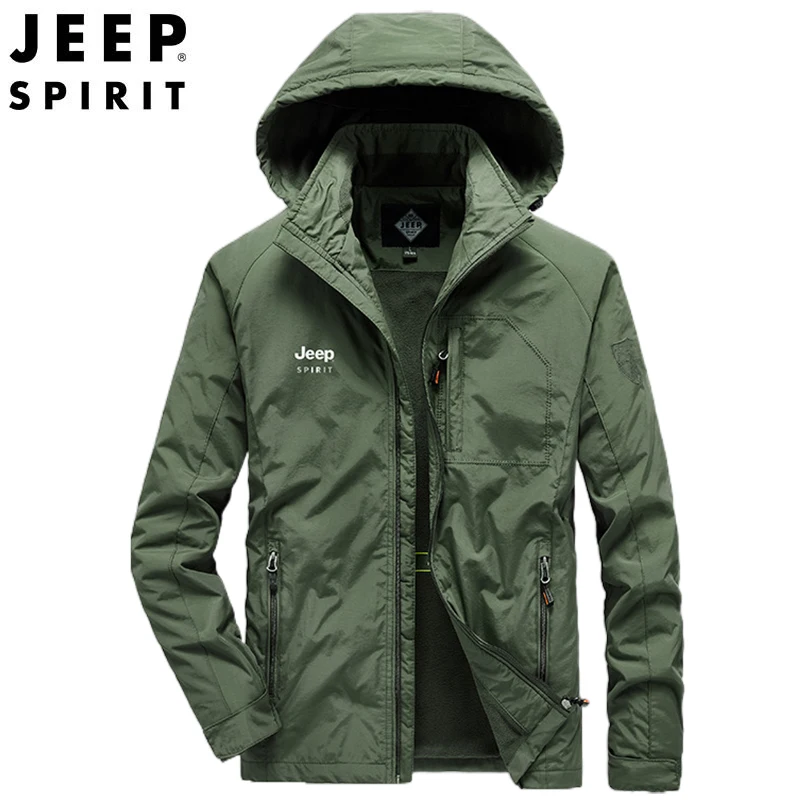 JEEP SPIRIT 남성용 재킷 플러스 벨벳, 가을 및 겨울 레저 스포츠 후드, 따뜻한 야외 코트, 벨크로 커프스 의류 ...
