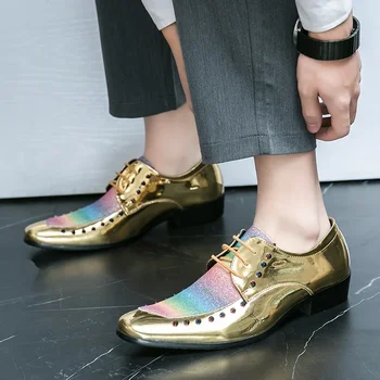 Luxury Designer Men Formal Shoes Pointed Gold Black Brogue Oxford ...