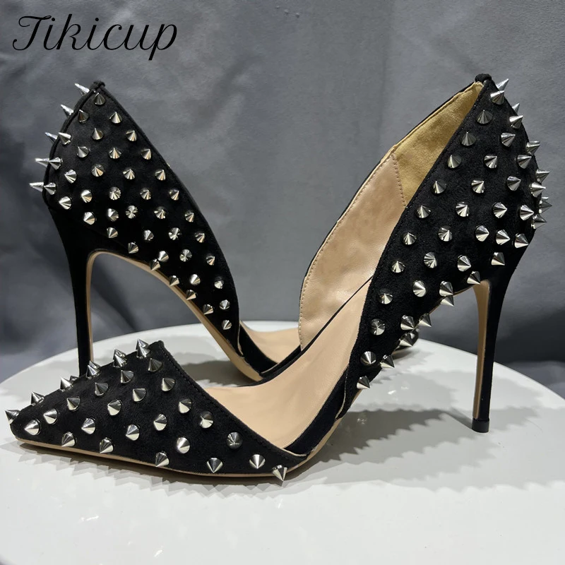 Tikicup-Black-Flock-Pointy-Toe-Side-Cut-High-Heel-Shoes-with-Spikes ...