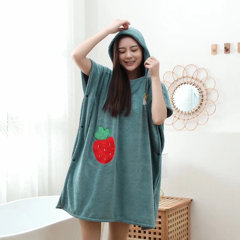 Women Wearable Bathrobe Coral Fleece Soft Hooded Beach Towel Dress ...