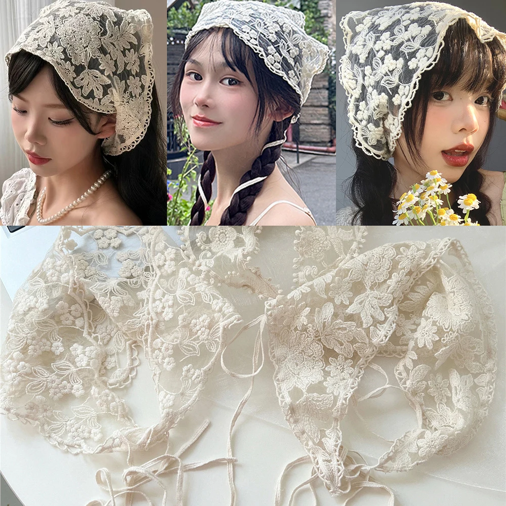 Pastoral-Style-Beige-White-Lace-Triangle-Bandanas-Turban-Women-Summer ...