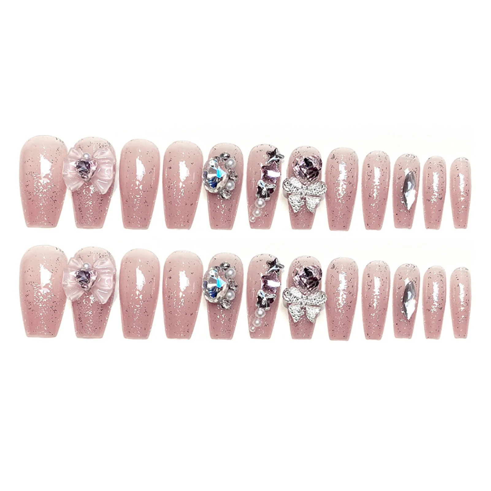 Pink-Fake-Nails-with-Full-Flash-Glitter-Decor-Charming-Comfortable-to ...