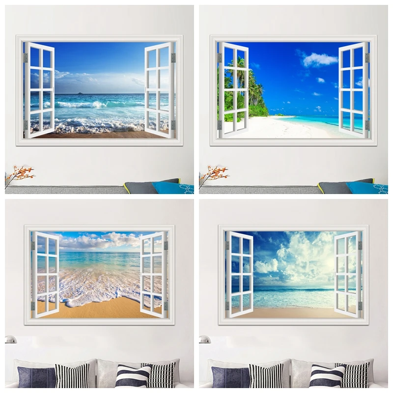 Blue Beach Nature Sky 3D Window View Wall Sticker PVC Sea Landscape ...