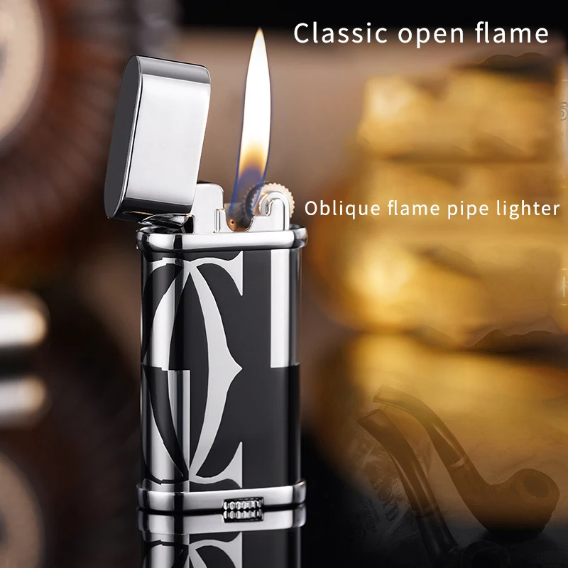 Classic-oblique-flame-pipe-lighter-grinding-wheel-open-flame-butane ...