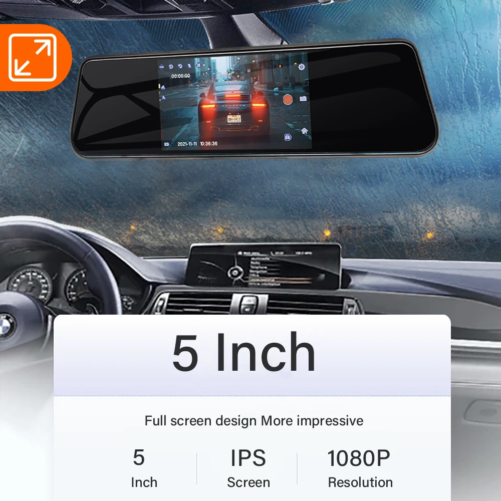 5 Inch Touch Screen 1080p Fhd Dash Cam Dual Lens Car Rearview Mirror ...