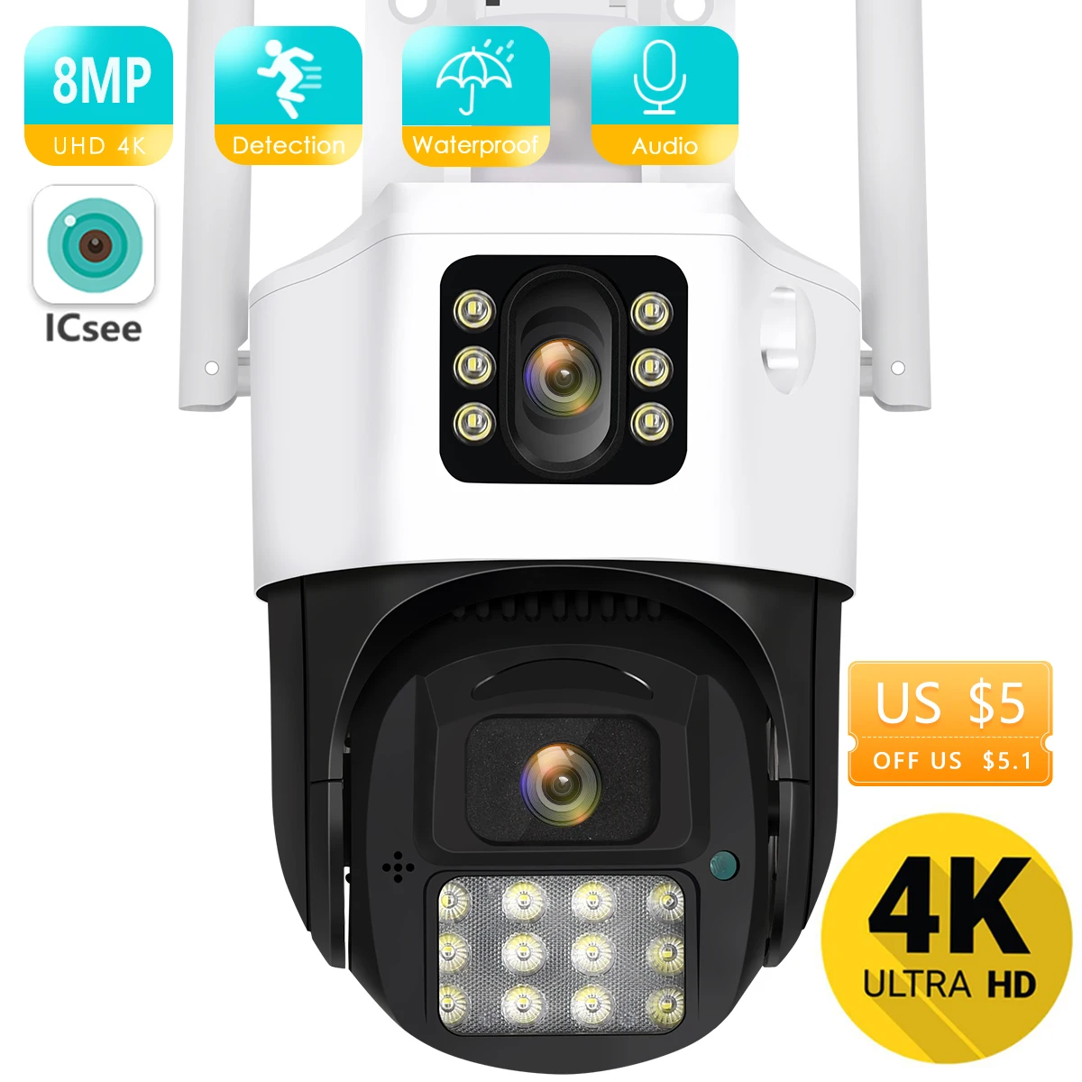 8MP 4K PTZ WiFi IP Camera with Dual Screen Color Night Vision Outdoor ...
