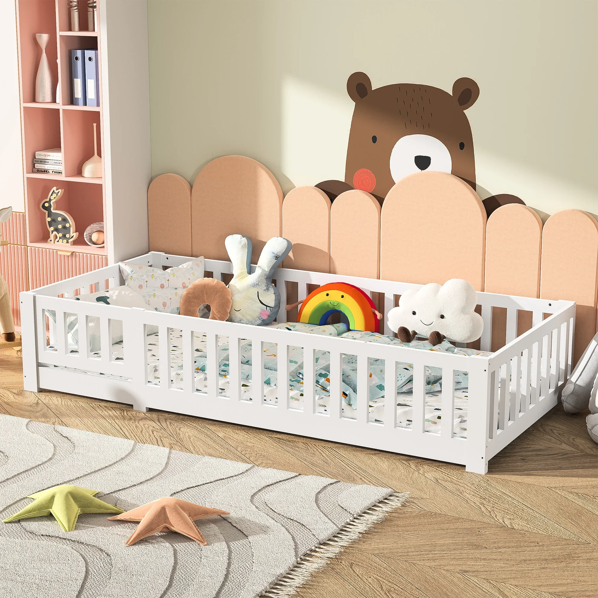 -For Children's Bed Fall Protection Slatted Frame Convertible Crib ...