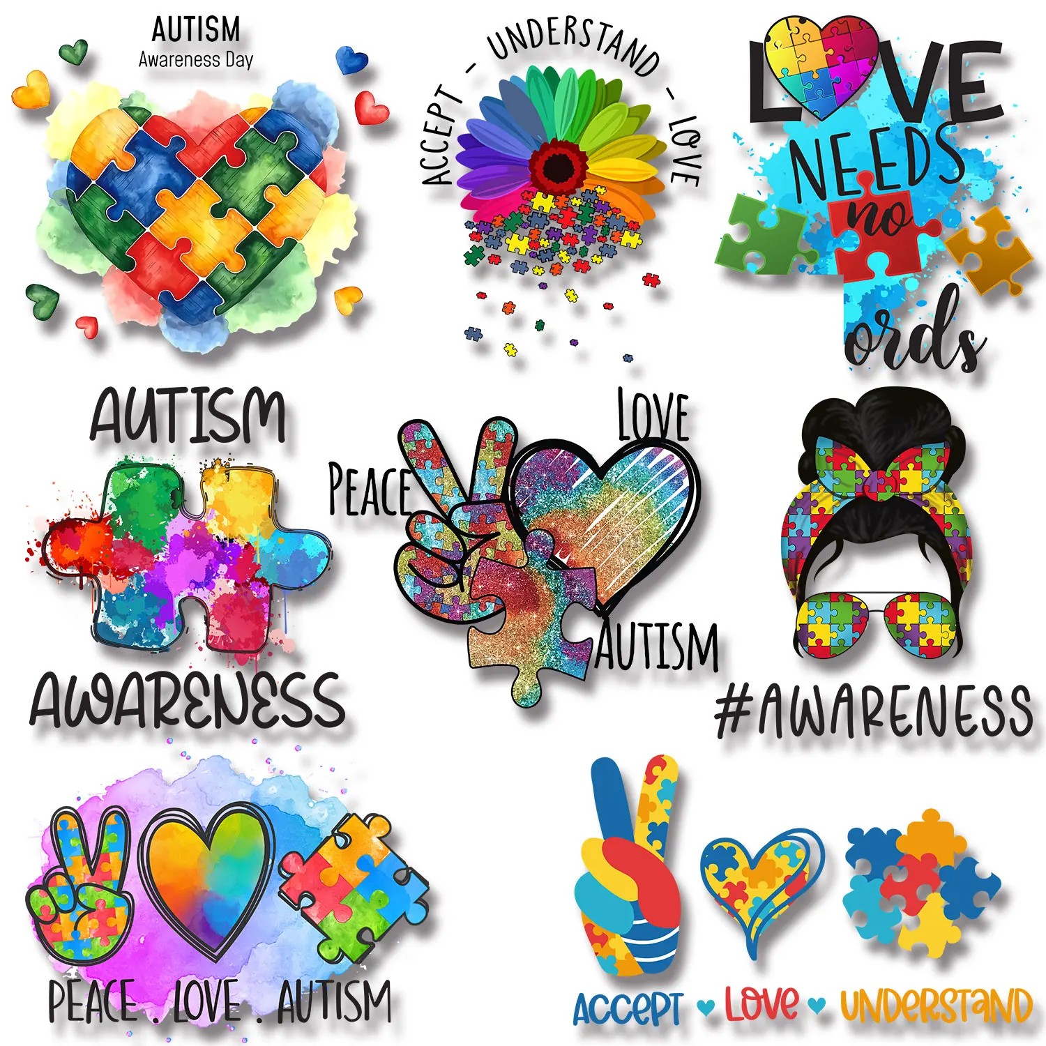 Autism Awareness Day Accept Understand Love Puzzle Ribbon Iron on ...