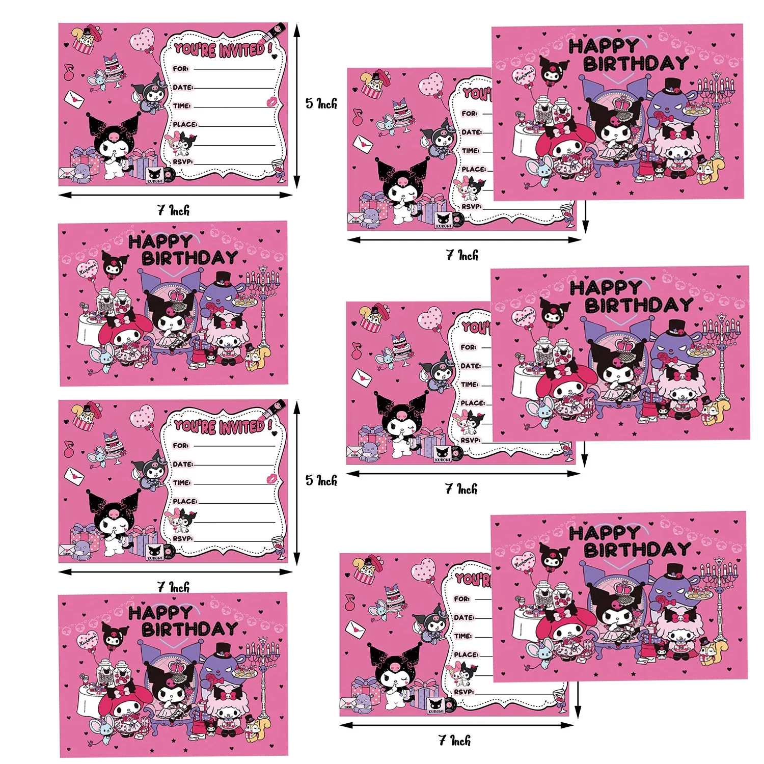 Sanrio Hello Kitty Kuromi Birthday Party Invitation Cards Cartoon Pink ...