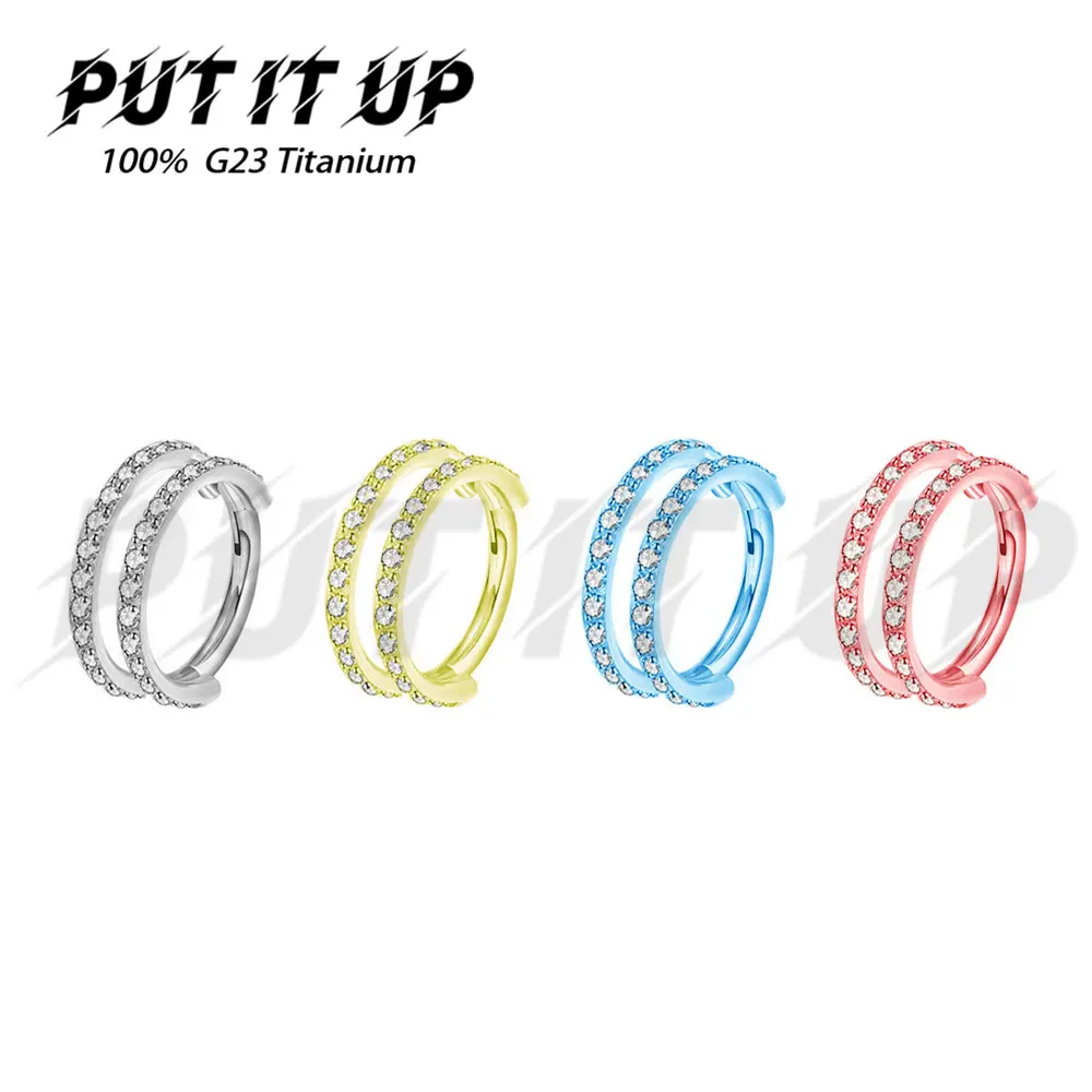 Anodized Titanium Nose Ring Hinge Ice Blue Double Gem Diaphragm Tragus ...