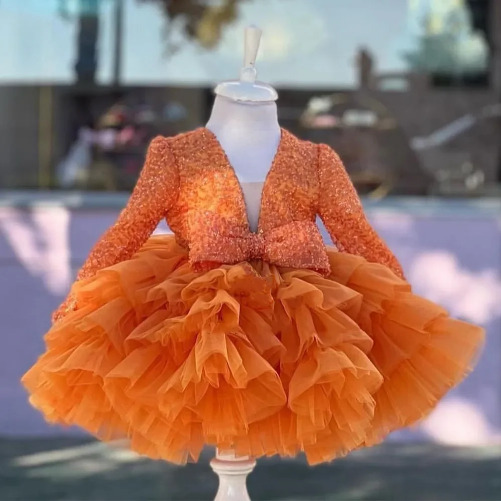 Orange Puff Flower Girl Dress Long Sleeves Sparkling Beading Sequin ...