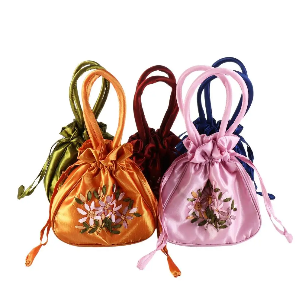 Satin Silk Hanfu Drawstrings Bag Leaf Ethnic Style Embroidery Flower ...