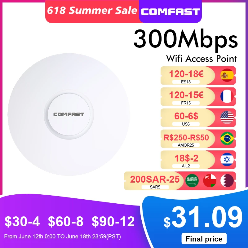 COMFAST Ponto de acesso sem fio AP, sistema de teto WiFi, CF E320V2, 300M, 802.11b/g/n, QCA9533 ...