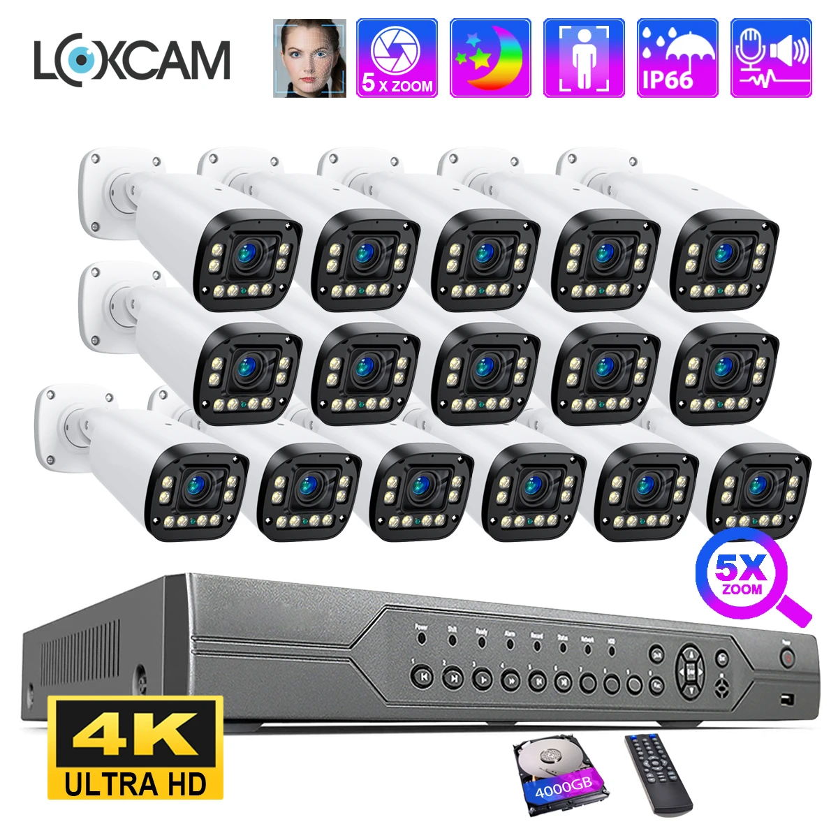 16ch 4k Poe Security Camera System Two Way Audio Outdoor Ai Face ...