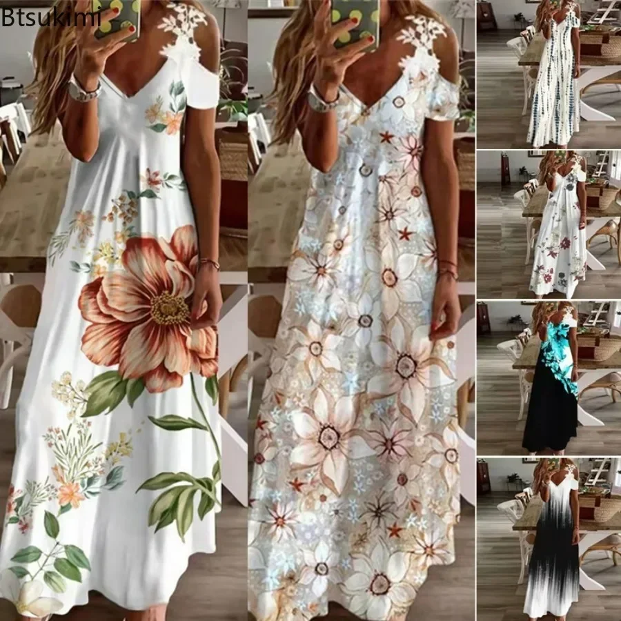 New 2026 Women's Summer Long Dress Sexy Floral Print V Neck Hollow Out ...