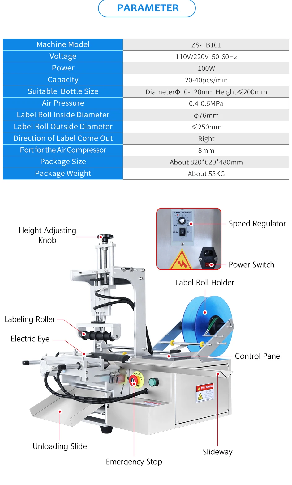 ZS-TB101 Tabletop Round Bottles Labeling Machine with Printer – ZONESUN