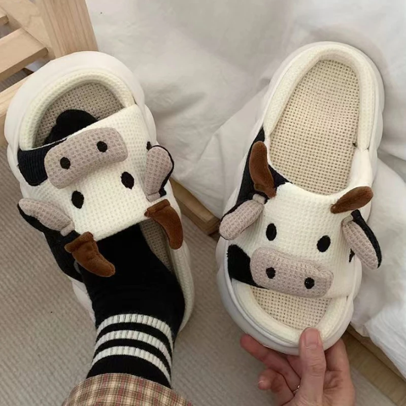 Women-Milk-Cow-Linen-Slippers-Four-Seasons-Men-Indoor-Sandals-Adults-Cartoon-Slides-Couples-Cute ...