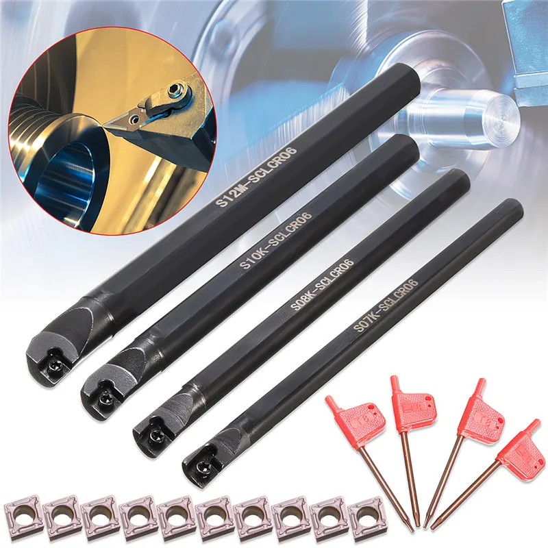 4 Set of 7/8/10/12mm SCLCR Lathe Boring Bar Turning Tool Holder +10Pcs ...