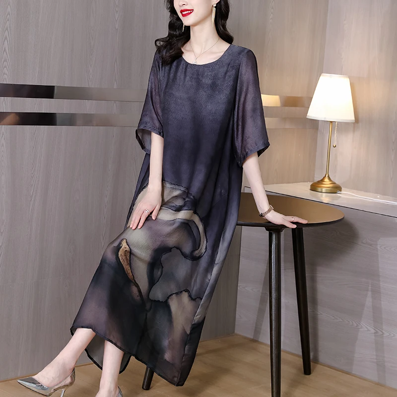 Vestido-de-seda-con-estampado-para-mujer-prenda-holgada-y-elegante-de ...