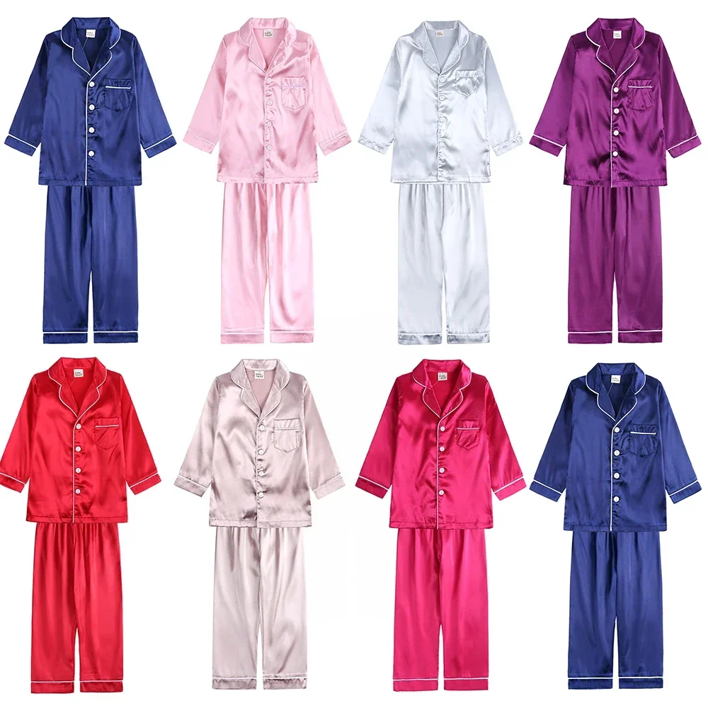2024-Kids-Children-Silk-Satin-Pajamas-Solid-Clothes-For-Boy-Girl-Lounge ...