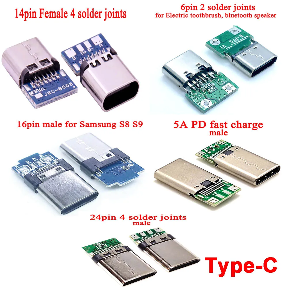 5pcs-USB-3-1-Type-C-Connector-14-Pin-Female-Socket-receptacle-Through ...