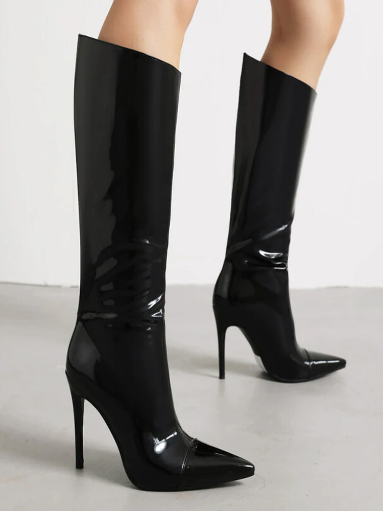 Patent Leather Pointed Toe Boots | Black Pointed Toe Boots Heels ...