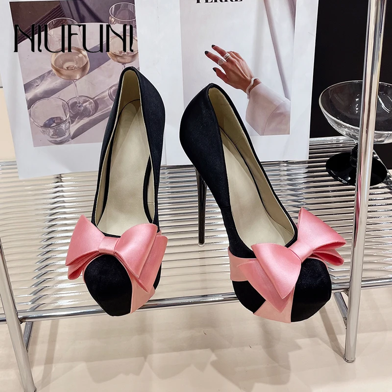 NIUFUNI-Round-Toe-Platform-Suede-Woman-Shoes-Silk-Bow-16CM-Stiletto ...