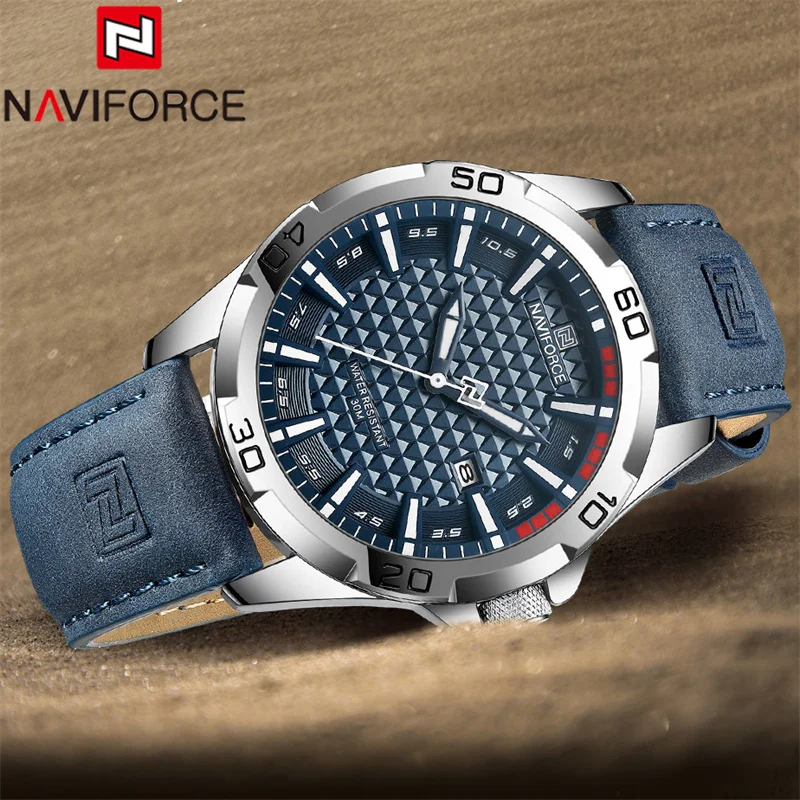 NAVIFORCE Men Wristwatch Top Brand Luxury Waterproof Watch Blue Genuine Leather Sport Military ...