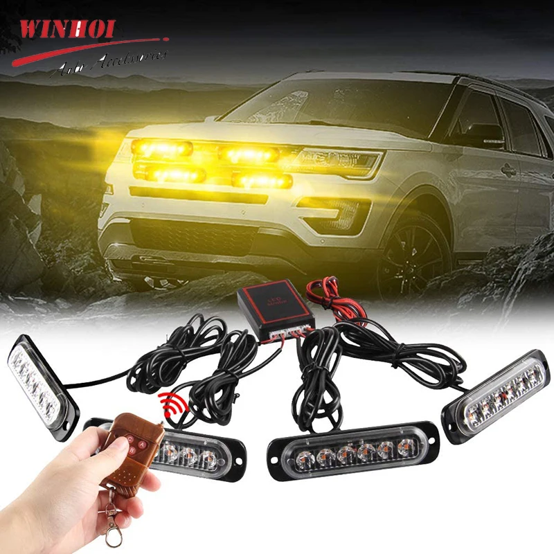 4 in 1 LED Warning Strobe Light Wireless Control 12V Car Grille ...