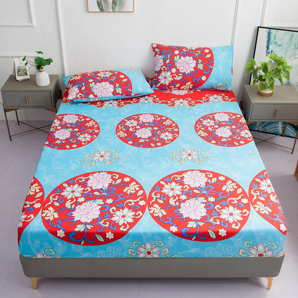 Cotton-Fitted-Sheet-Flowers-Pattern-1-5m-1-8m-Elastic-Mattress-Bed ...
