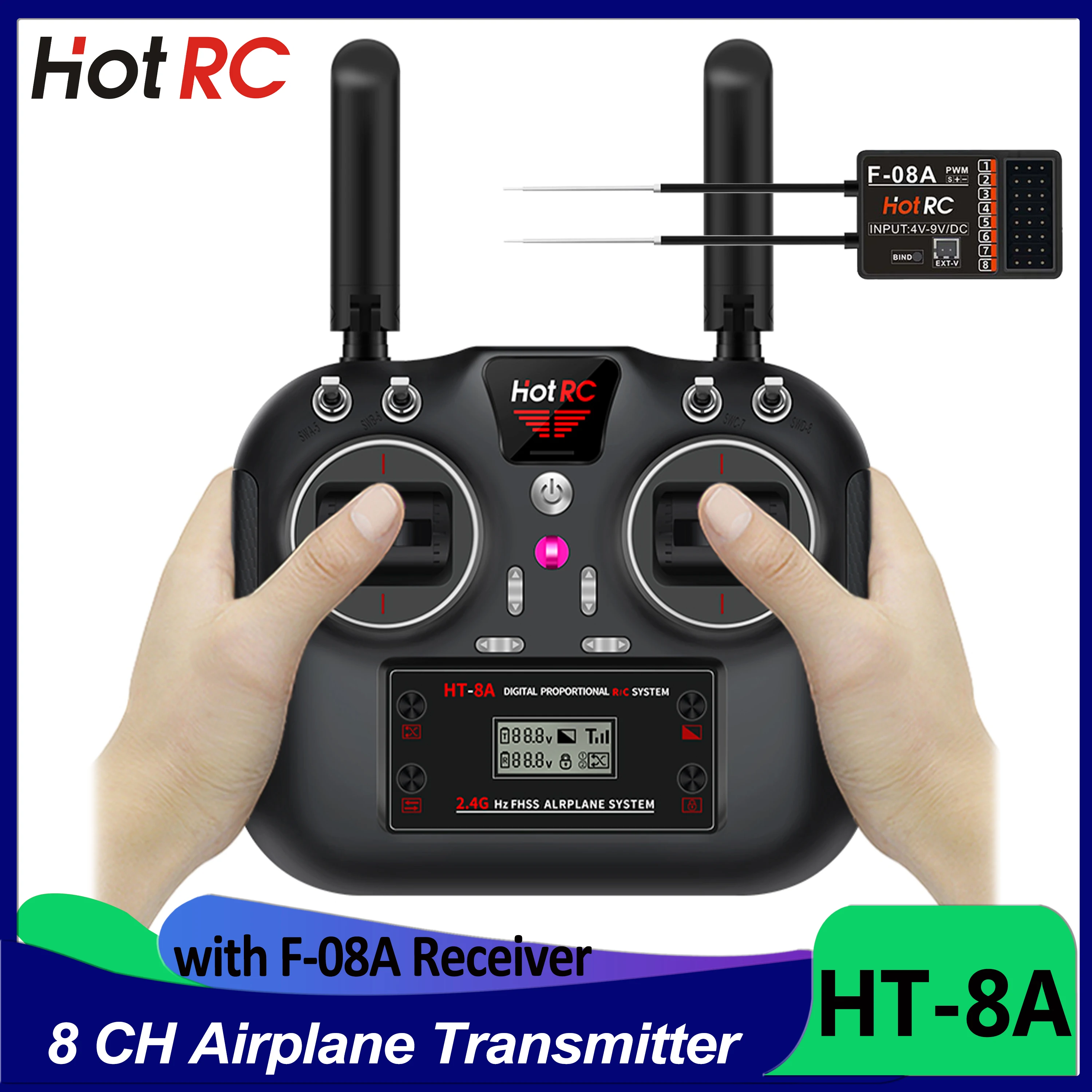 HotRC HT-8A Remote Control 2.4G 8CH 4.5-9V PWM FHSS Transmitter with F-08A Receiver For RC FPV ...
