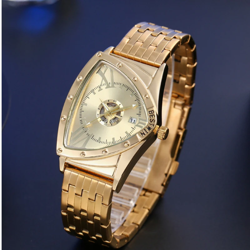 2023 Triangle Men Sports Quartz Watch Business Golden Stainless Steel ...