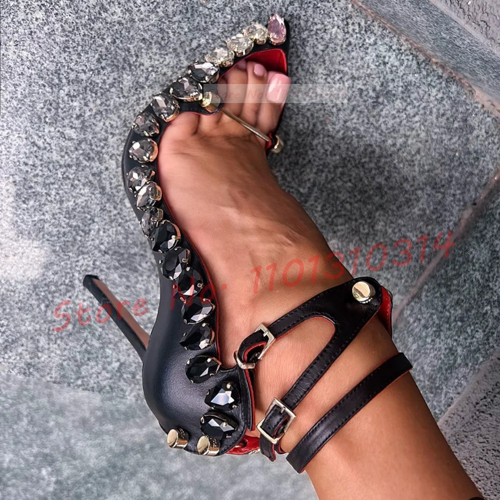 Gems Trim Metal Nail Heels Sandals Women Cross Strap Pointy High Heels ...