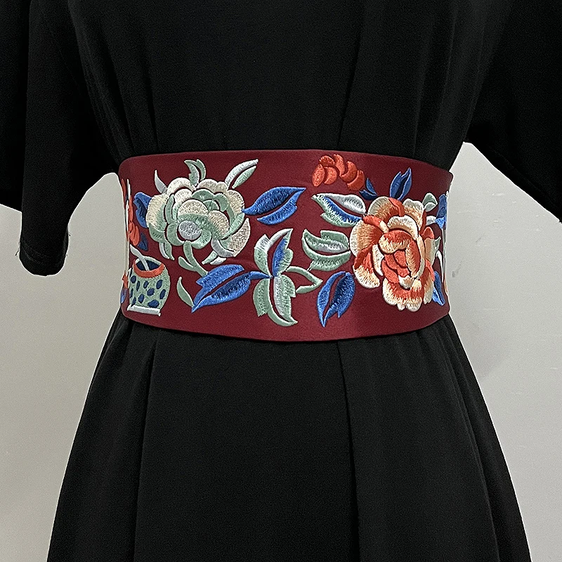 Women-s-Runway-Fashion-Flower-Embroidery-Satin-Cummerbunds-Female-Dress ...