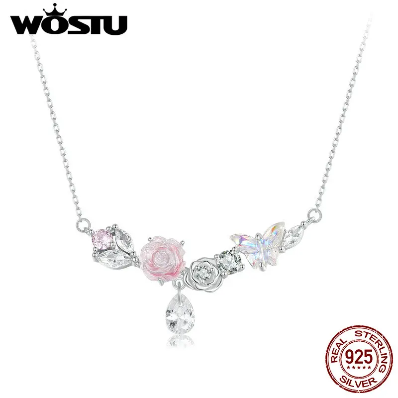 WOSTU-925-Sterling-Silver-Valentine-s-Jewelry-Gift-Rose-Flower-Butterfly-Charm-Necklace-For ...