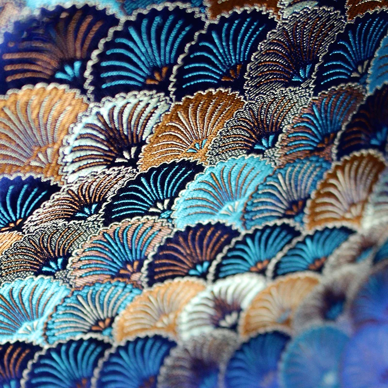 Gold Silk Brocade Satin Fabric Ocean Blue Yarn Dyed Jacquard Fabric for ...