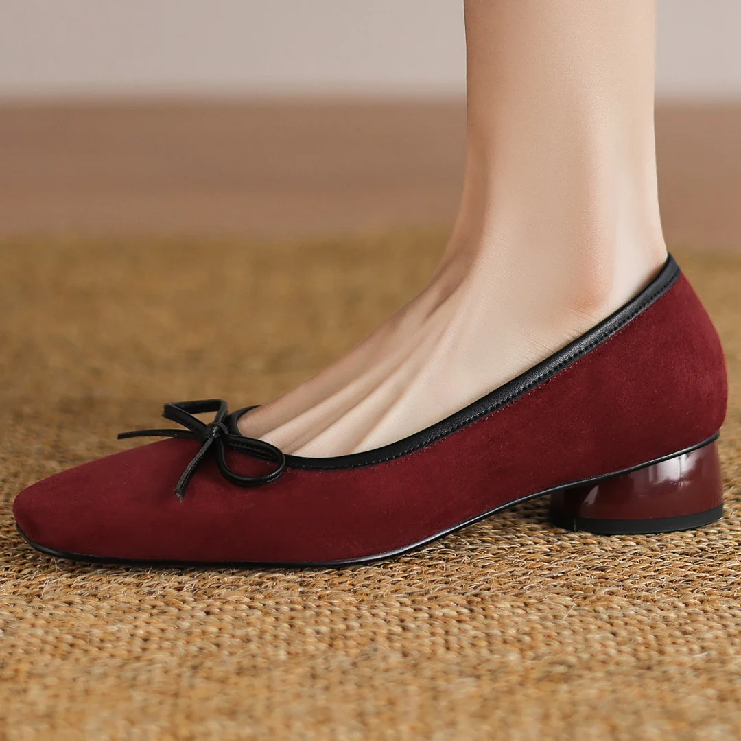 Women's natural suede leather square toe slip-on low heel pumps sweet ...