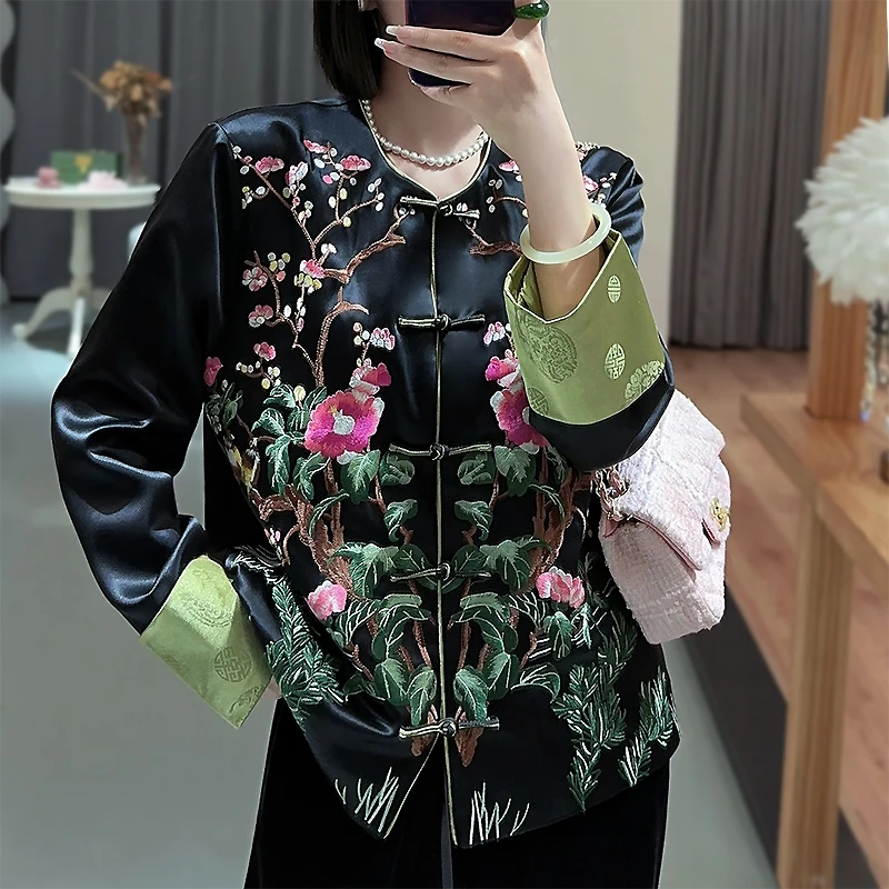 High-end-Satin-Acetate-Women-Jacket-Top-Embroidery-Painting-of-Flowers ...